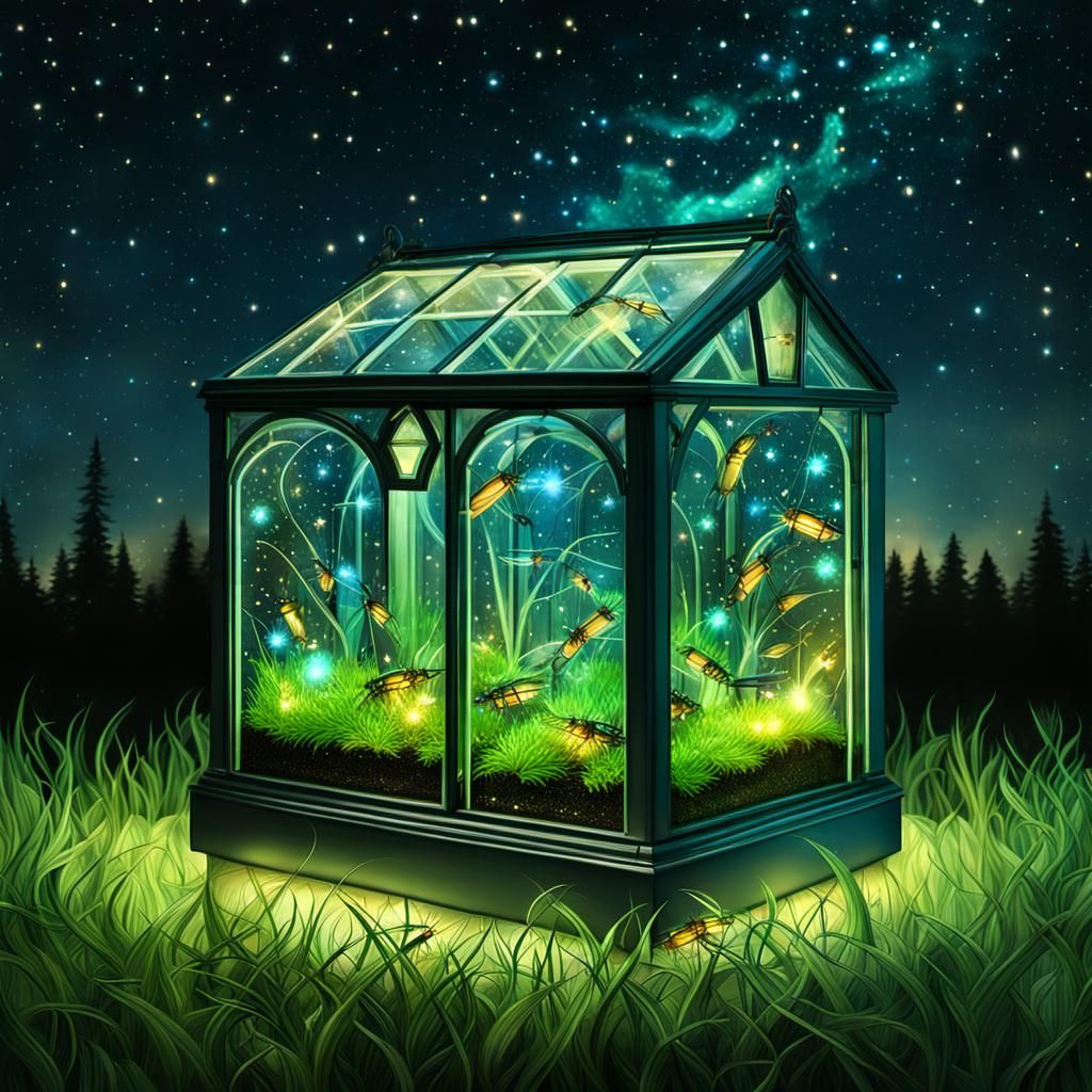 Photograph, fireflies terrarium on grass, a large decorative ...