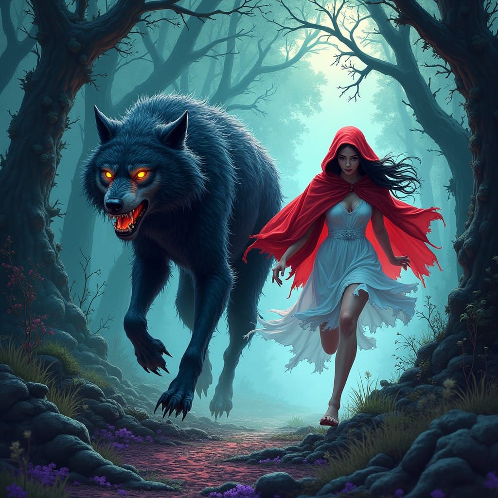 Mystical Werewolf Pursues Elegant Woman Through En... - AI Art