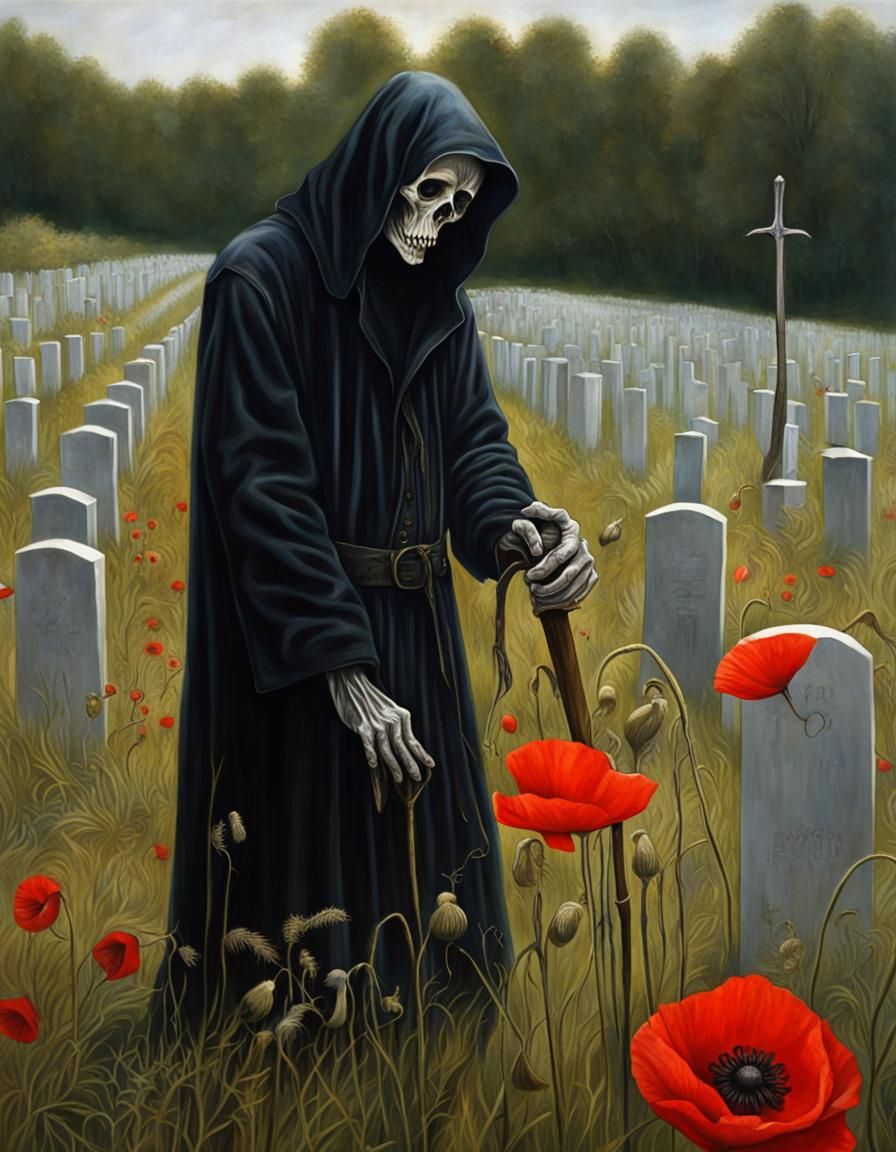 grim reaper looks up exhausted and defeated as he uses his sickle to ...