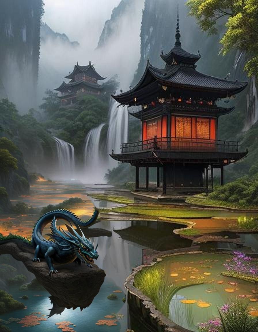 chinese dreamscape with pavilion and dragon - AI Generated Artwork ...