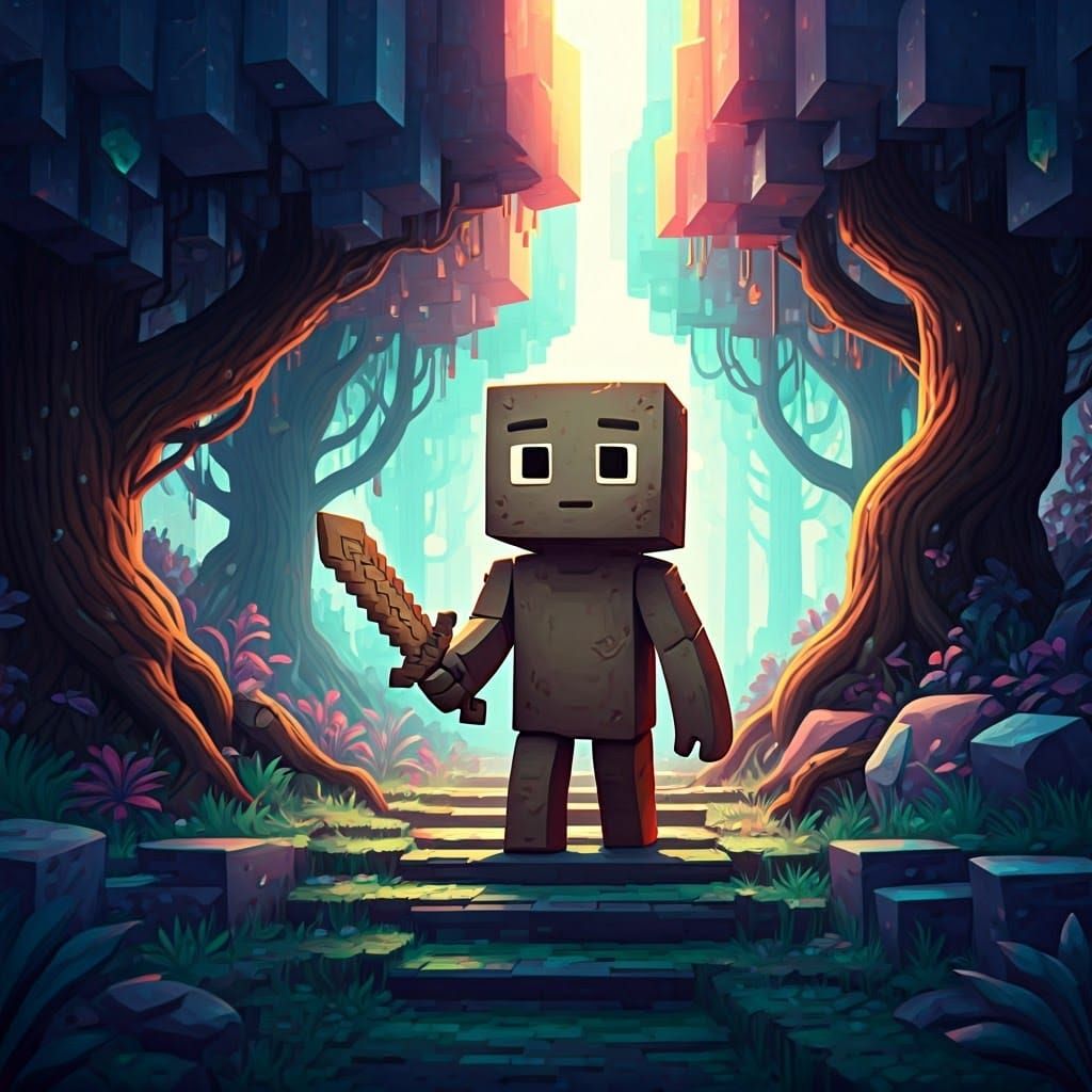 Minecraft Sword - Cube-Shaped Creature Wields Wooden Sword i...