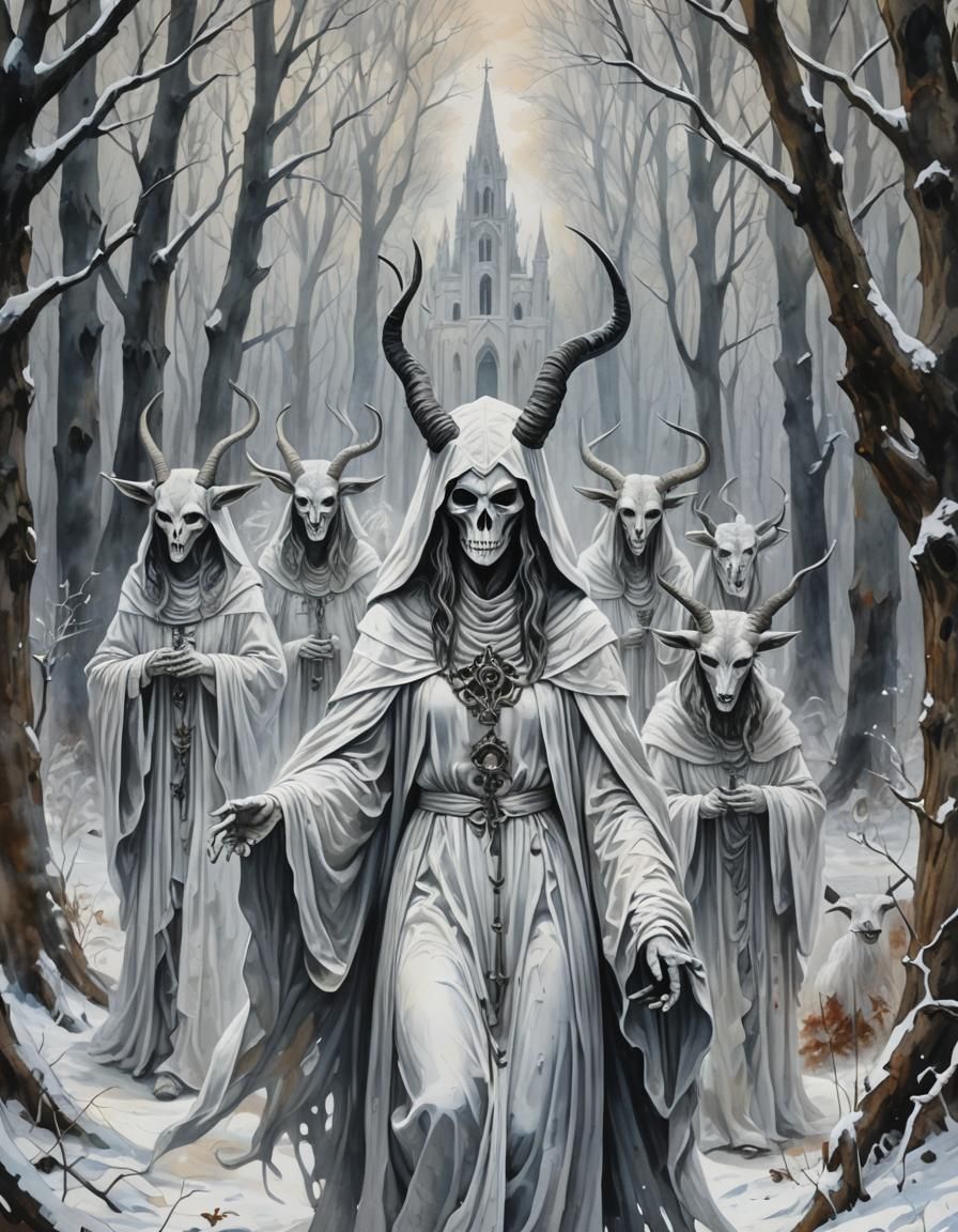 all white and light grey ghostly misty veiled winter witch folk-horror ...