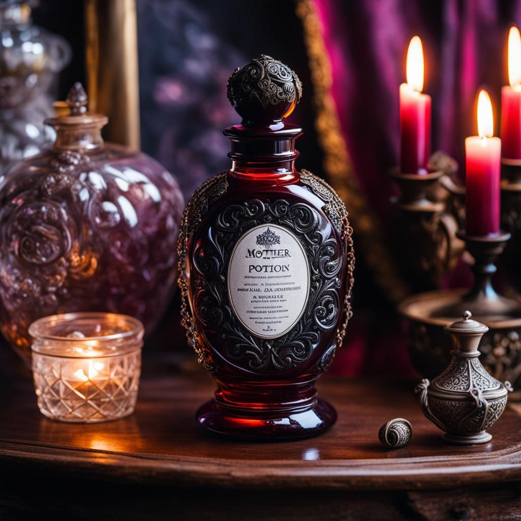 love potion in a crystal bottle with mother-of-pearl sheen on a table in a magical apothecary ...