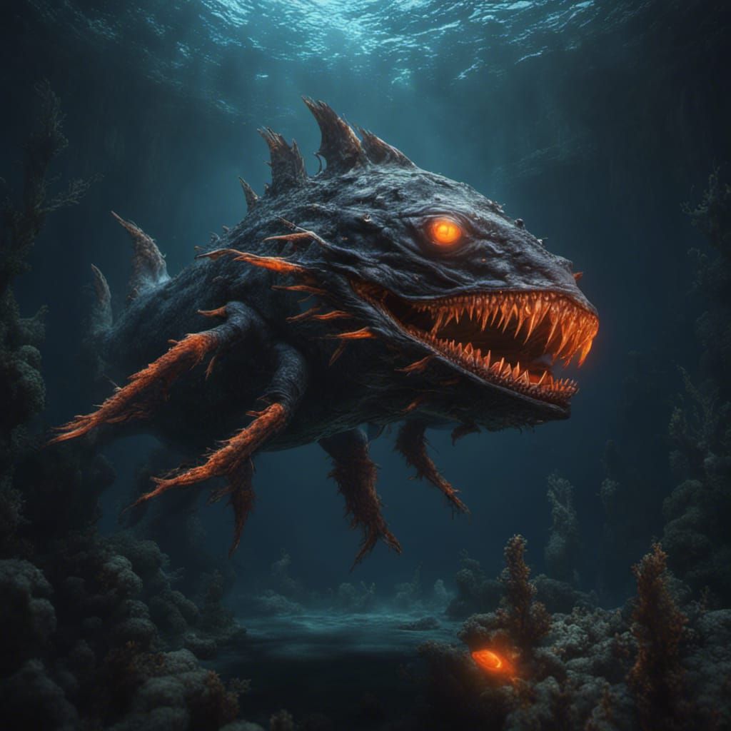 Massive creature swimming in the darkness underwater with orange eyes ...