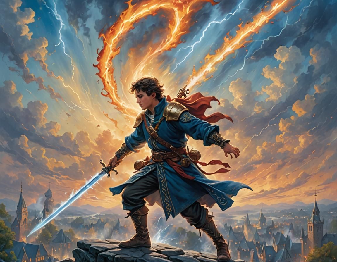 boy with a sword with flames around the sword, flying in the air ...
