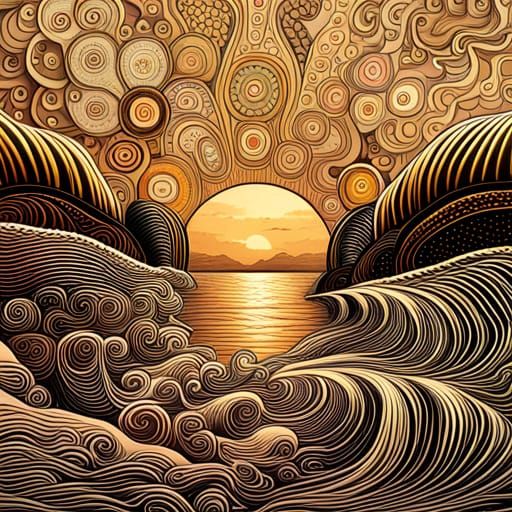 psychedelic illustration of sun over ocean waves, intricately detailed ...