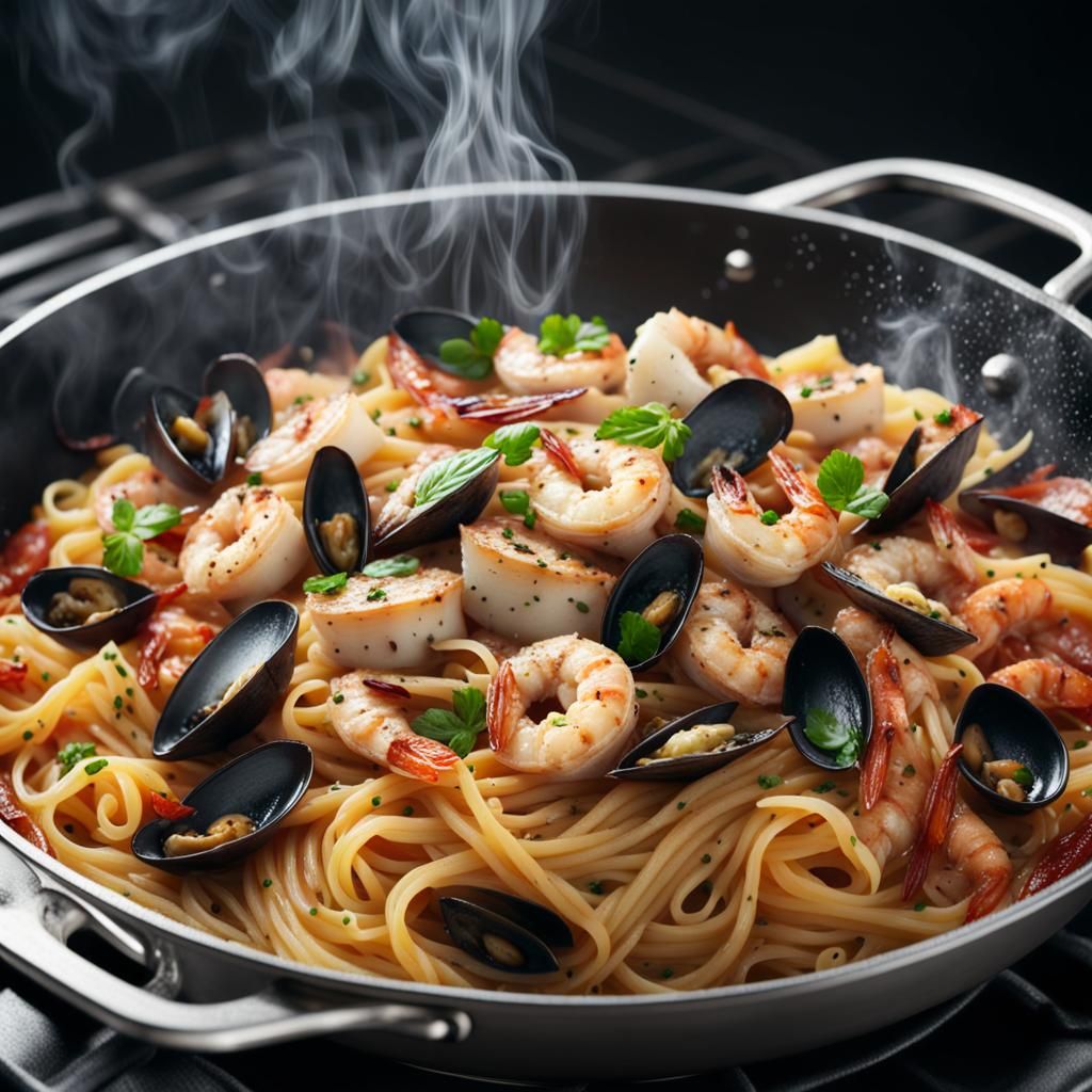 Pan with seafood pasta sautéed on the stove, with wine deglazing - AI ...