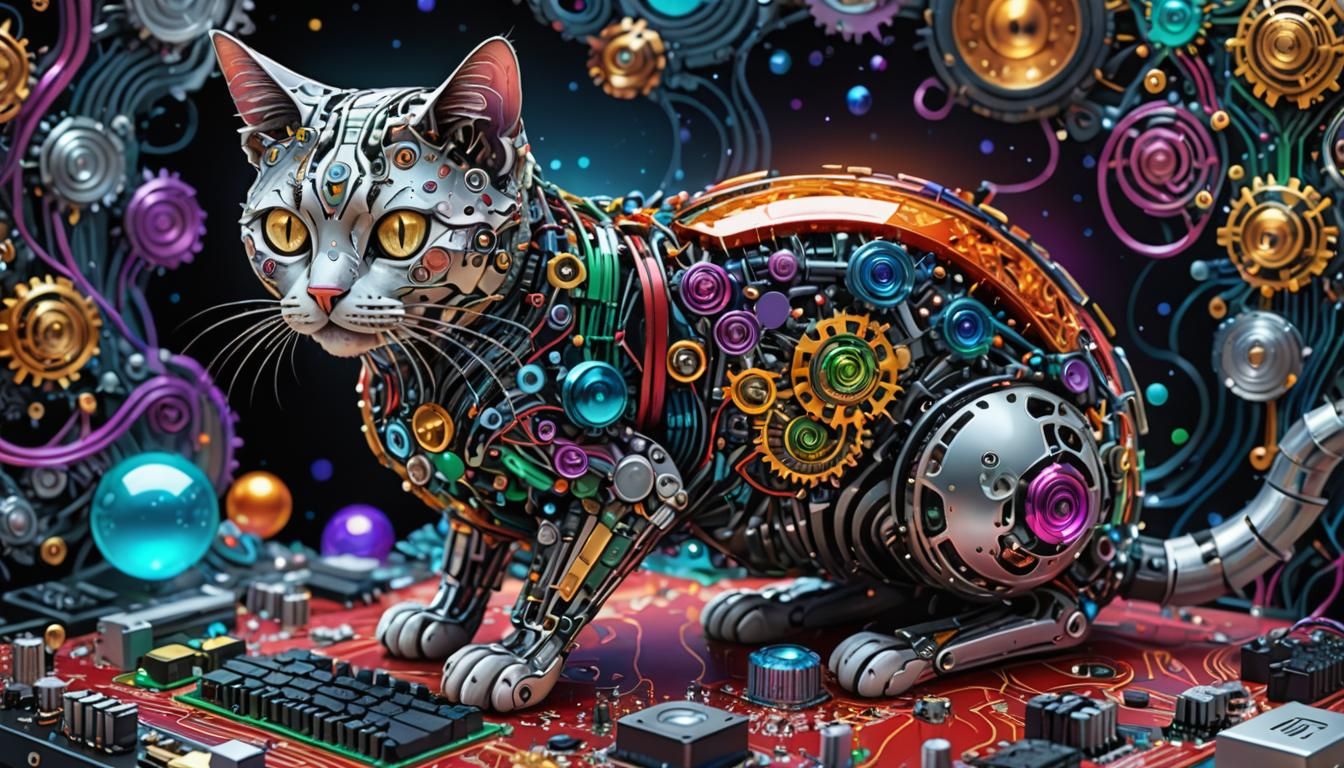 The robotic cat sits on a motherboard inside the computer - AI ...