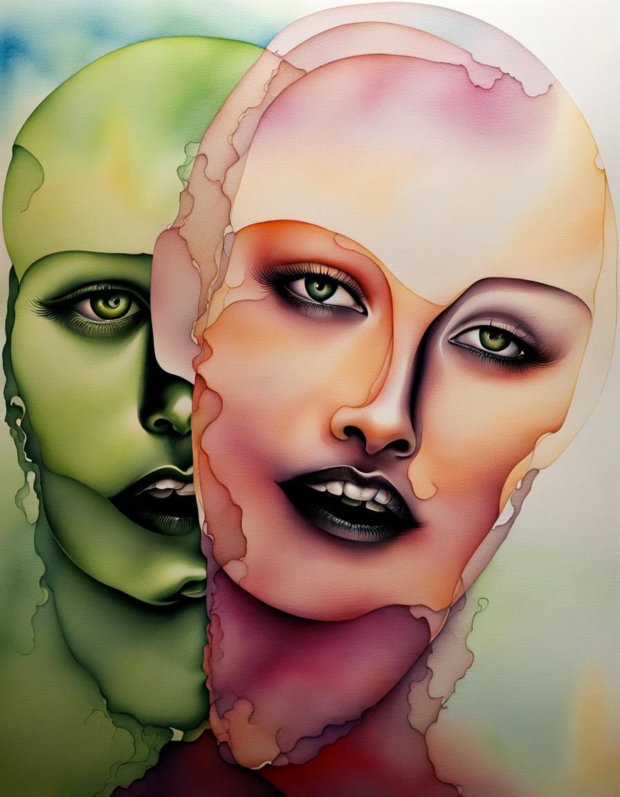 two faces blending with background, abstract, outlining, ink drawing ...