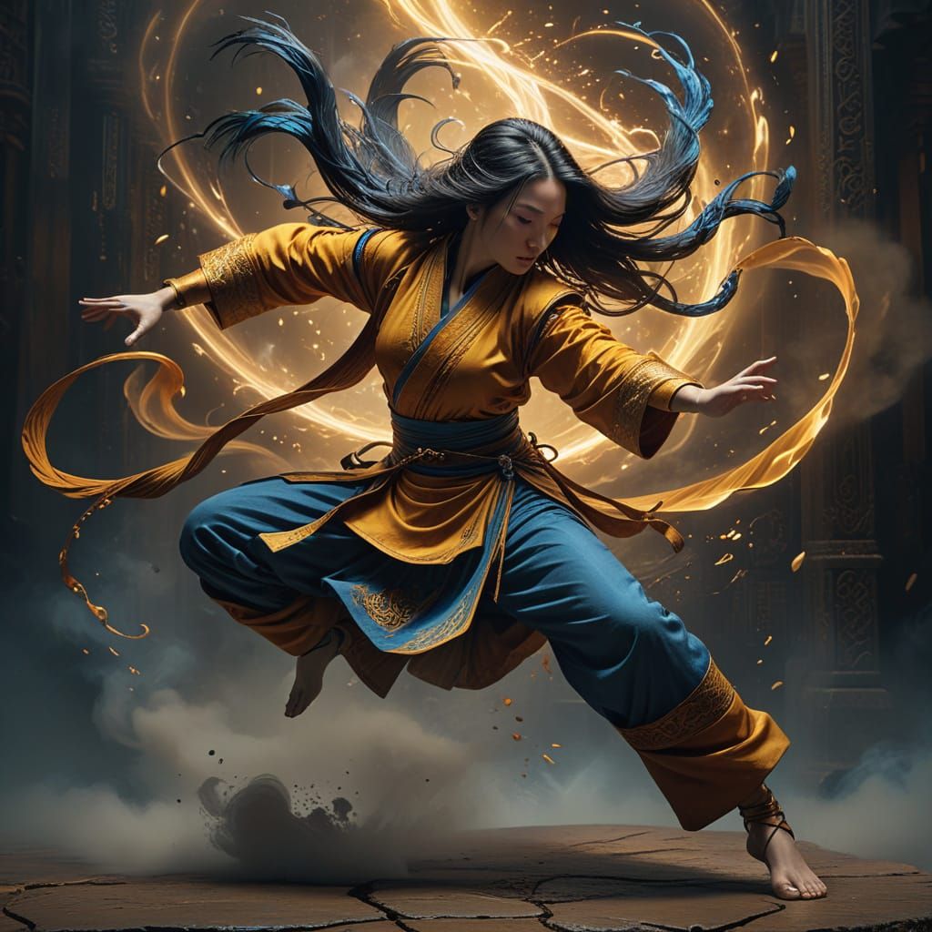 Elegant Medieval Kung Fu Monk in Mid-Flip, Swirlin... - AI Art