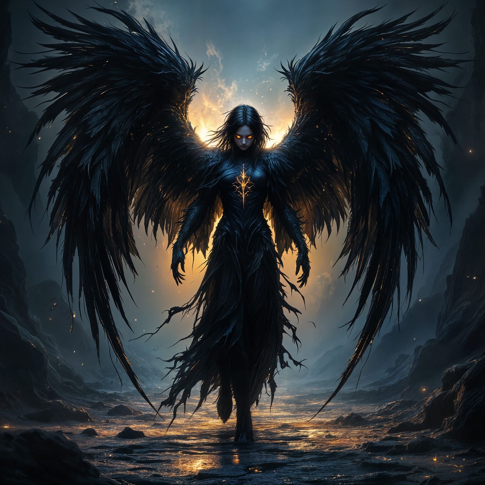 Surreal Fallen Angel Figure with Decadent Wings - AI Art