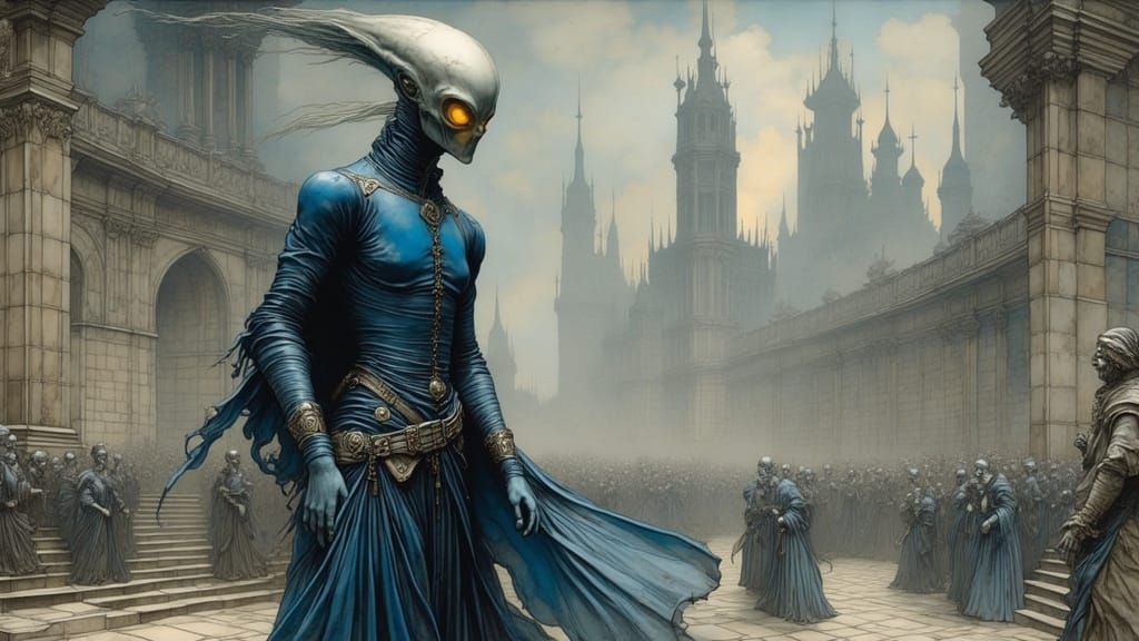 Futuristic Metallic Alien Police Officer in Downto... - AI Art