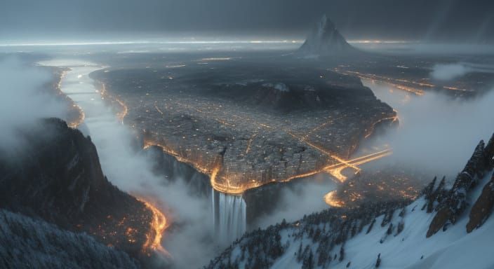 A City's edge - Ethereal Cityscape with Hourglass Waterfalls