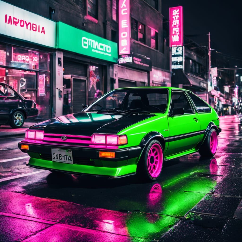 Neon Green Toyota Corolla in Cyberpunk Downtown - AI Art