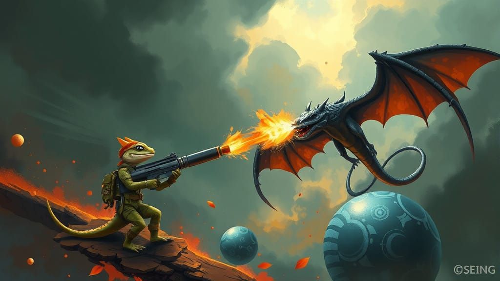 Newt in Futuristic Military Gear Battles Dragon in... - AI Art