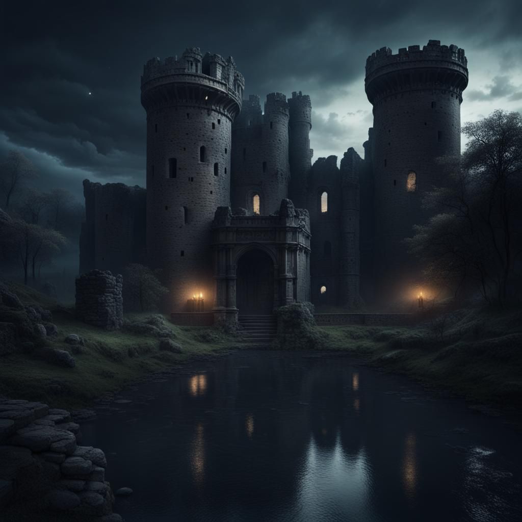 ancient ruins of a castle at midnight with a black moat - AI Generated ...
