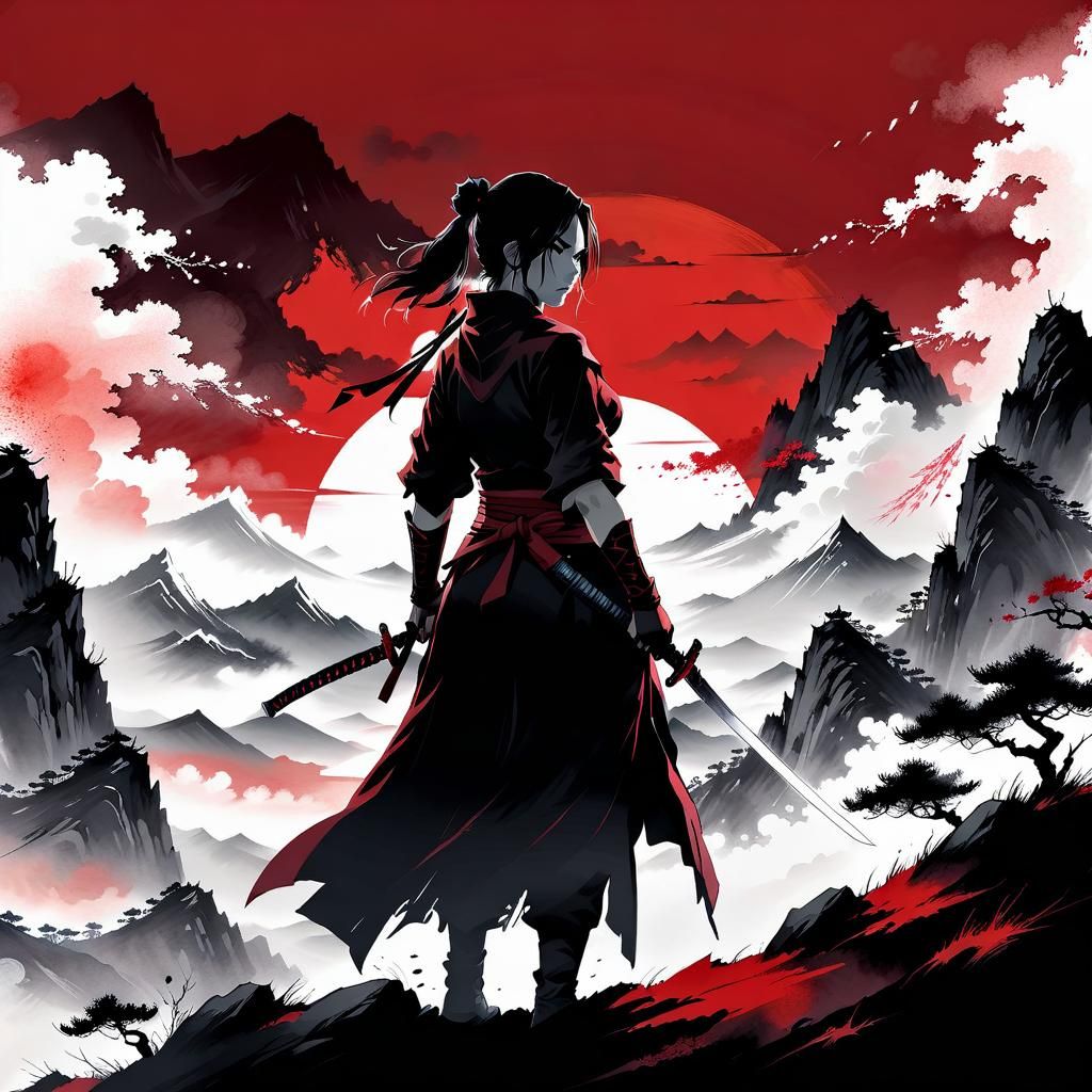 Female assassin - Ethereal Assassin Silhouette in Red Ink