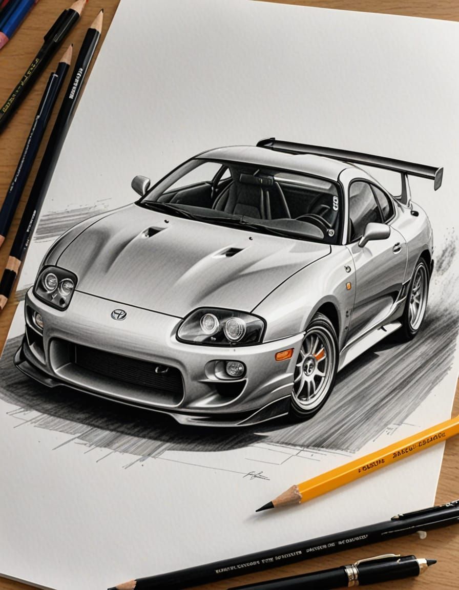 drawing of a 1998 Toyota Supra Mk4 detailed pencil sketch,