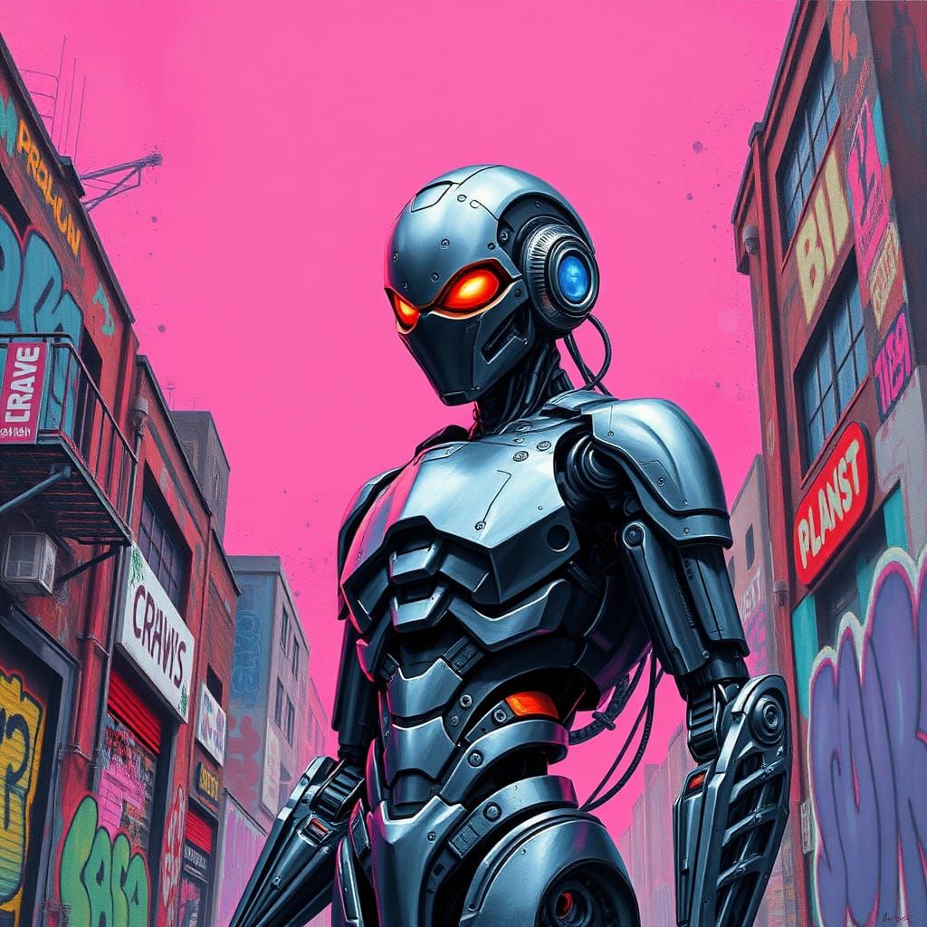 Android Guardian Watches Over City Streets in Vibr... - AI Art