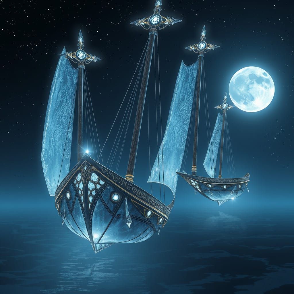 Ethereal Ayleid Ships Sail Across Starry Night Sky - AI Art