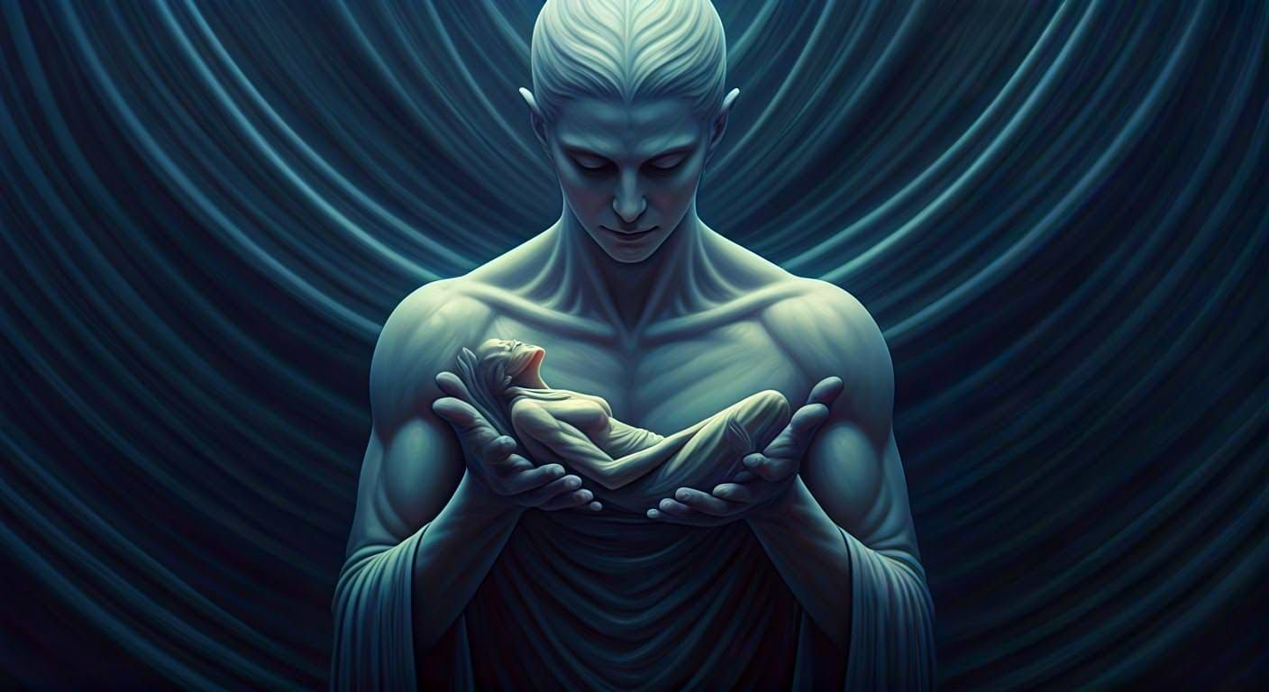 God Holds Faithful Human on His Palms - AI Art