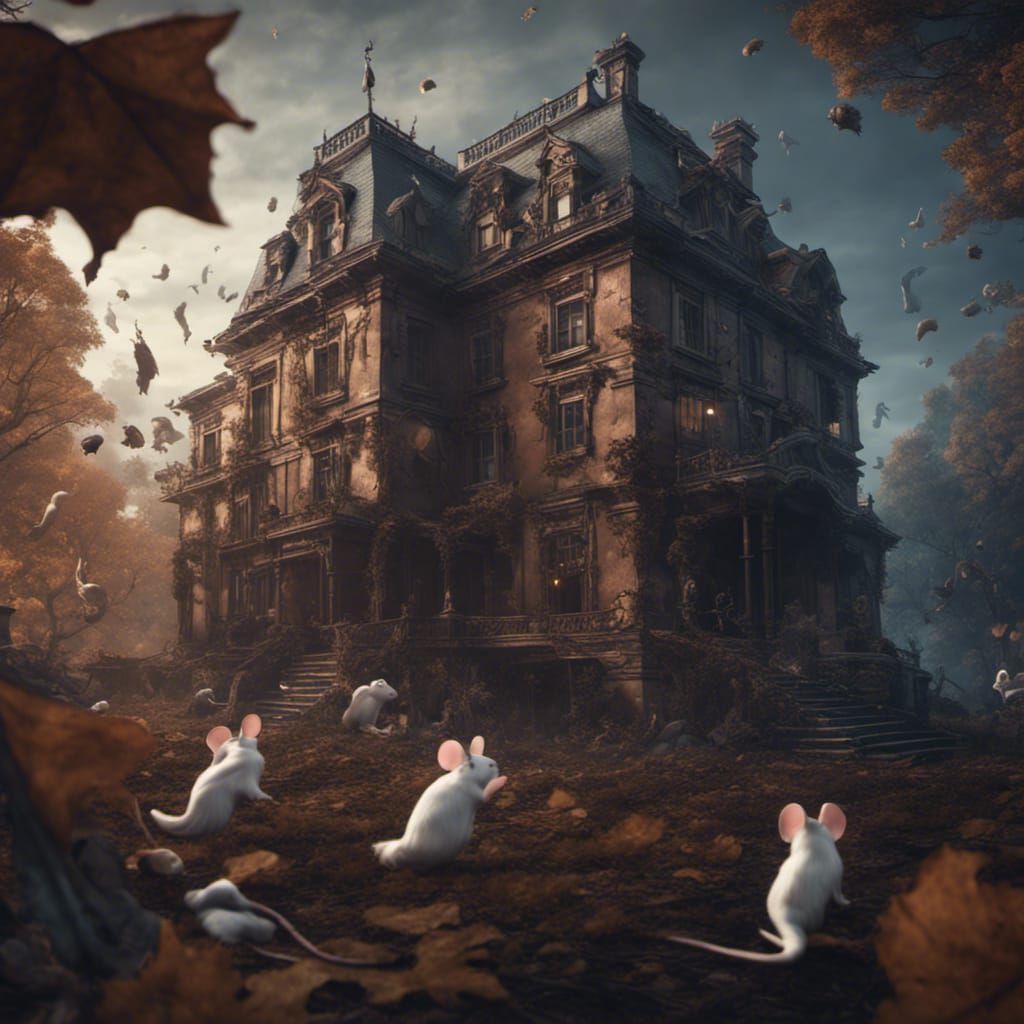 Ghosts floating in a haunted mansion with mice running on the ground - AI Generated Artwork ...