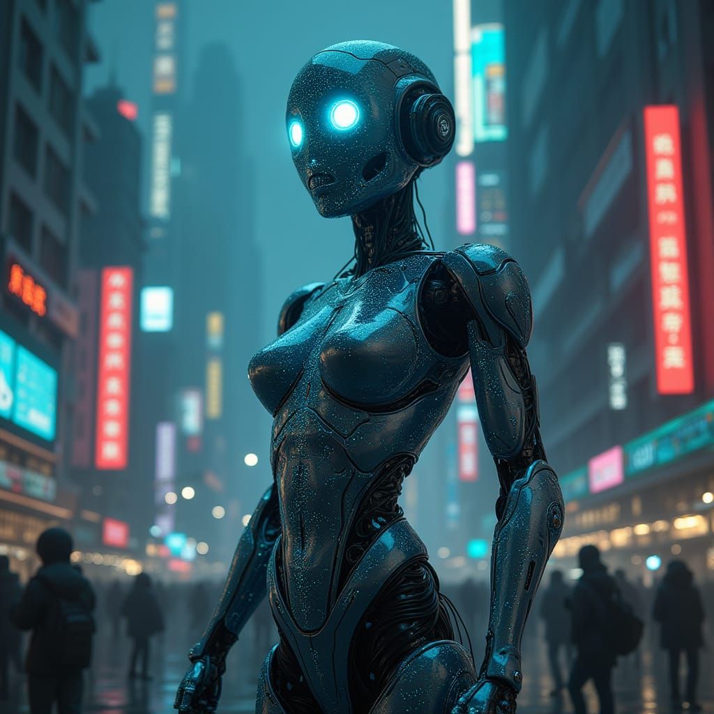Cybernetic Humanoid in Neon-Lit Cityscape - AI Art