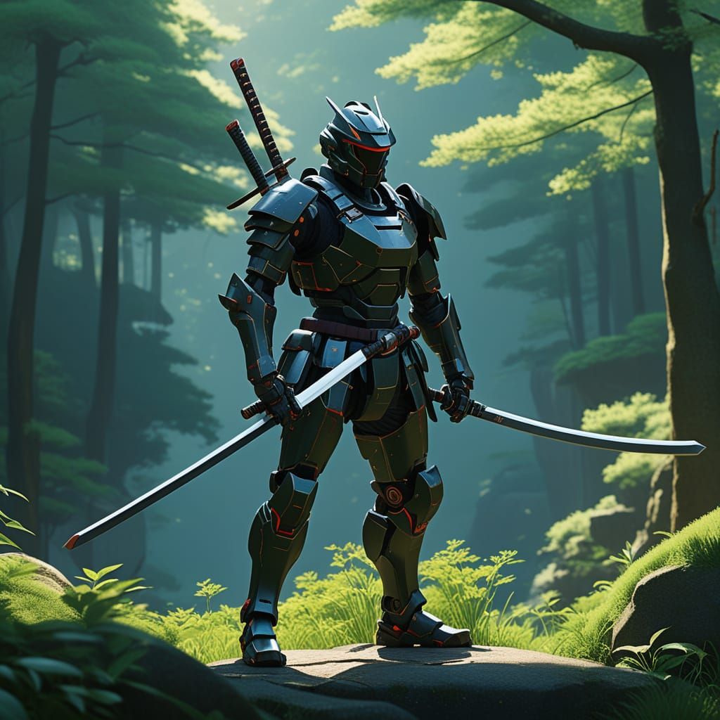 Ronin Warrior in Skintight Mech Suit, Katana at th... - AI Art
