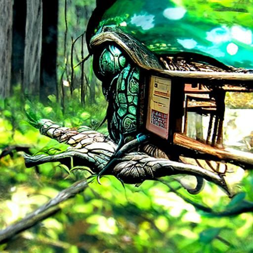 a turtle typing laptop in a hut of beautiful forest - AI Generated ...