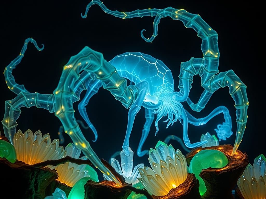 Spectral Tentacled Beast Amidst Crystal Forest - AI Art