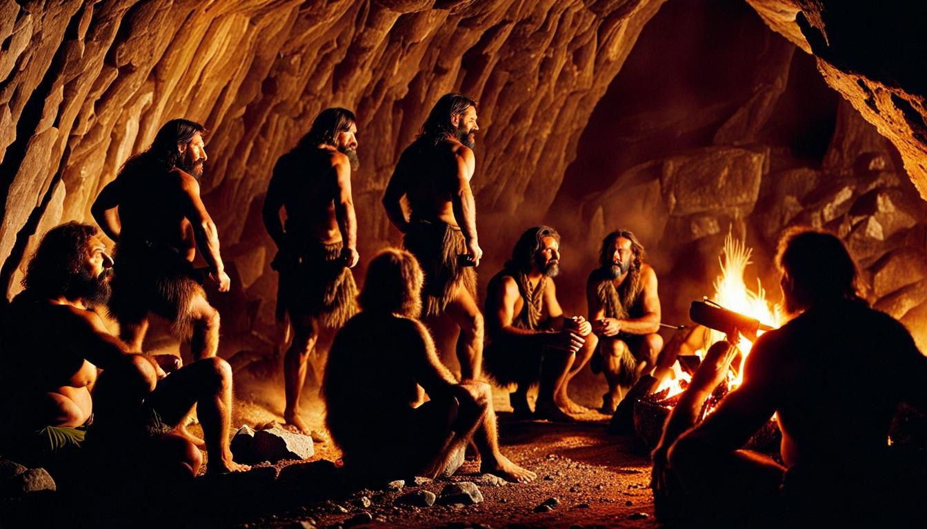 men and women from Neanderthal era gathering around a fire at the ...