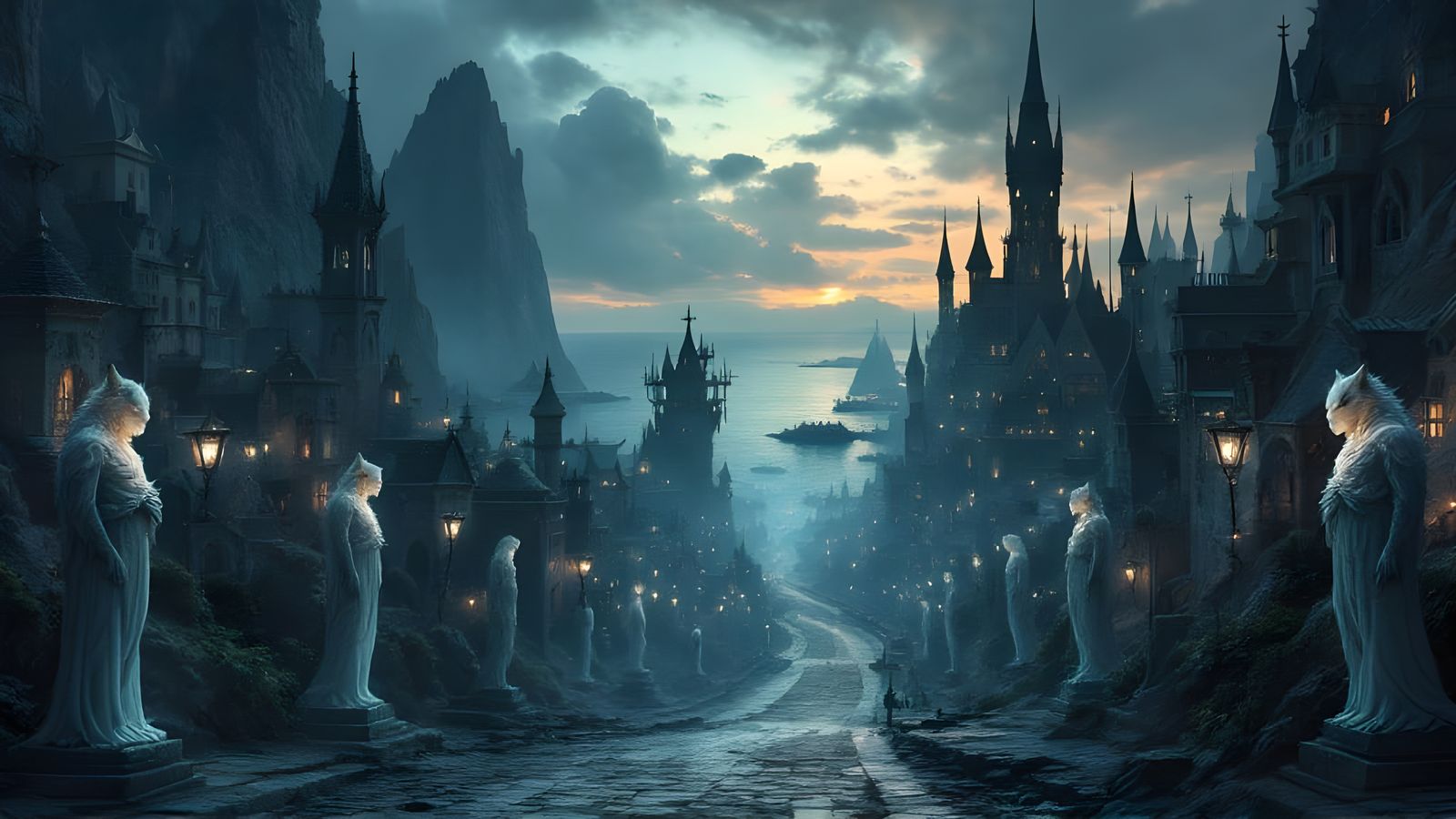 Gothic Coastal City at Dusk in Watercolor - AI Art
