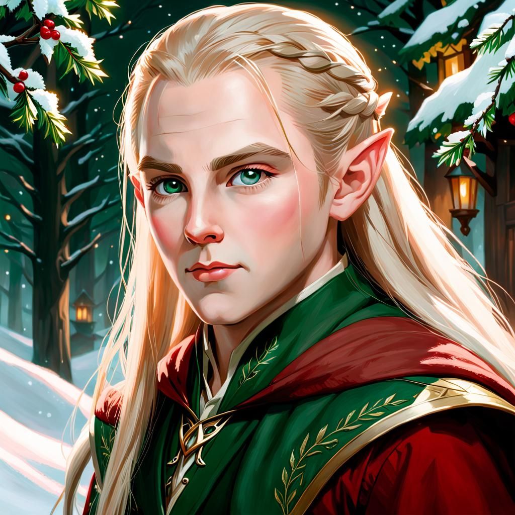 A portrait of ((Legolas)), handsome, ethereal, {dressed like Sata's elf ...