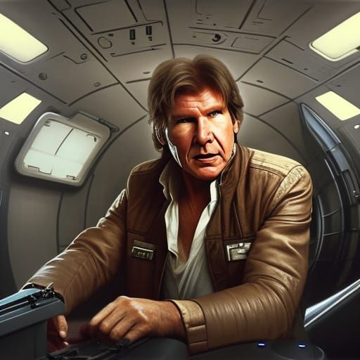 Harrison Ford as Han Solo sitting in the cockpit of the Falcon milenium ...
