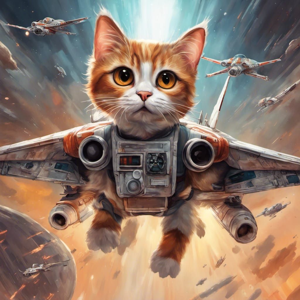 cute terrified big-eyed calico cat, sci-fi, energetic, star wars rebel ...