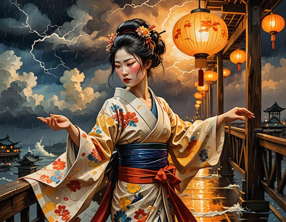 Ethereal Geisha in Stormy Night Surrounded by Japa... - AI Art