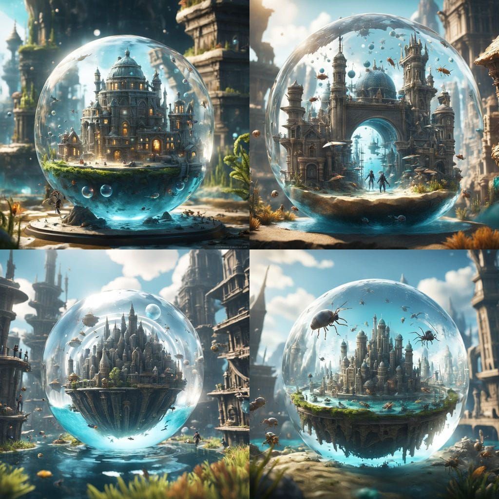 A macro, diorama scene of little tiny humans inside a round, glass sphere