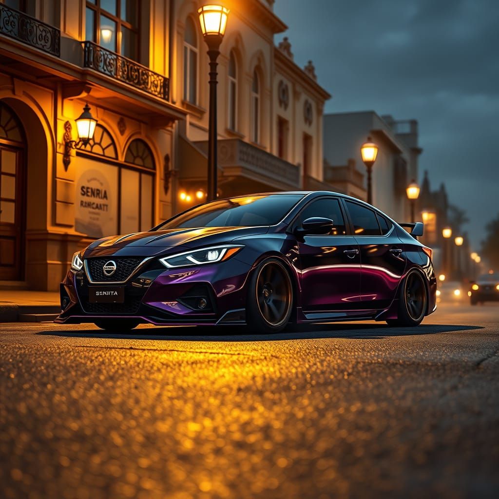 A midnight purple Nissan Sentra, stanced with a low wide-body kit and ...