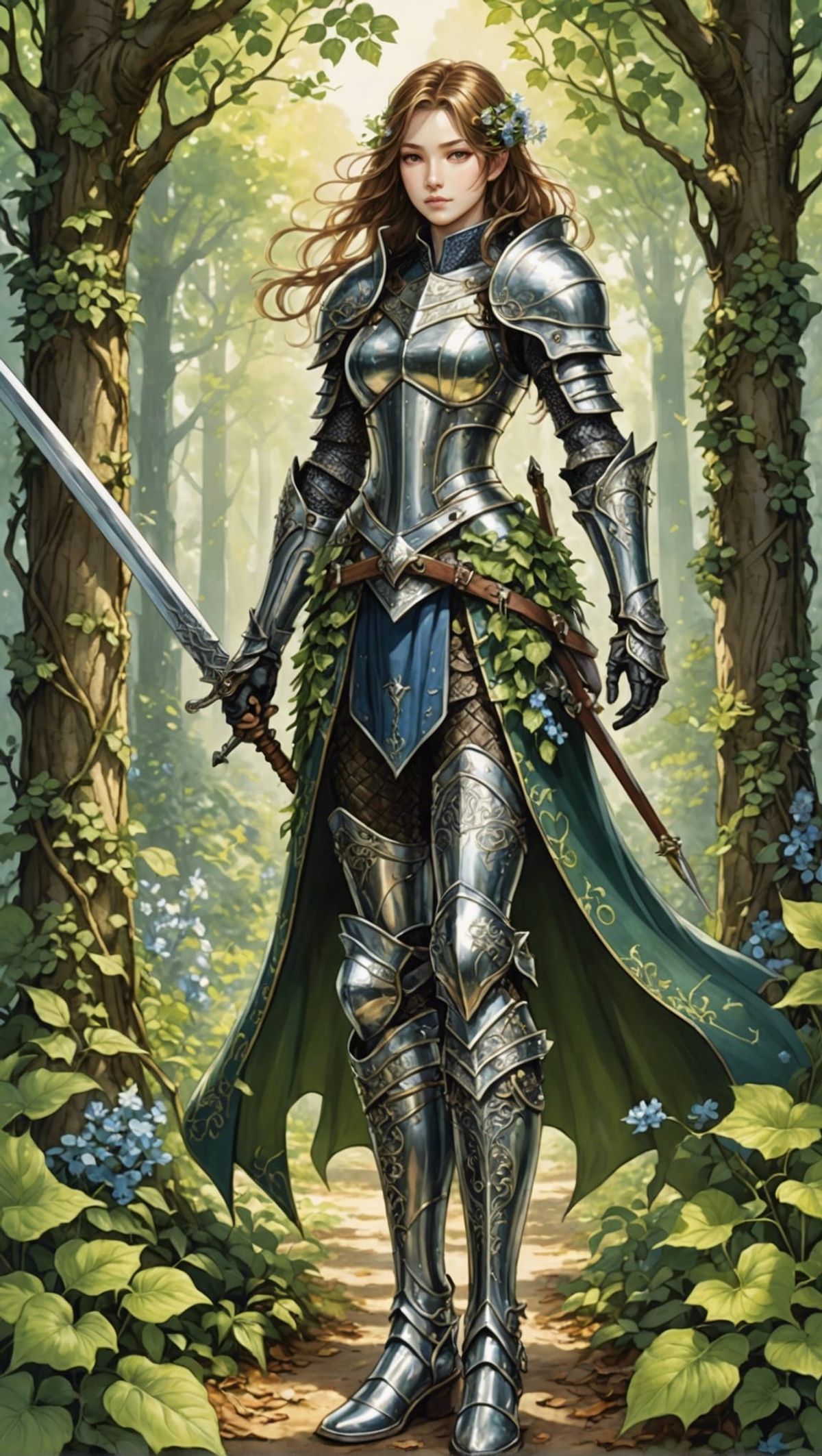 A fullbody view of pretty female knight, vines and delicate flowers ...