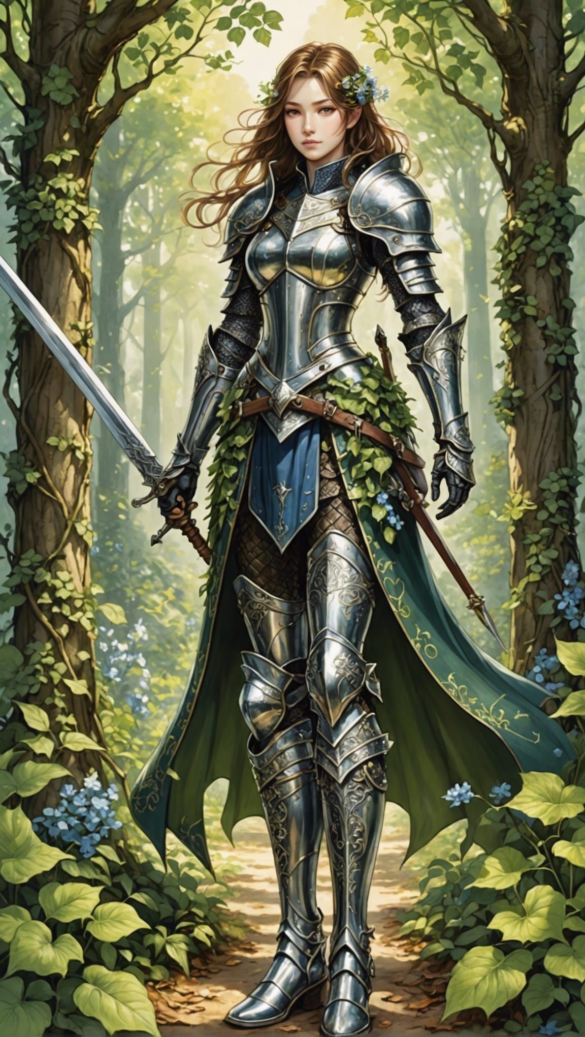 A fullbody view of pretty female knight, vines and delicate flowers ...