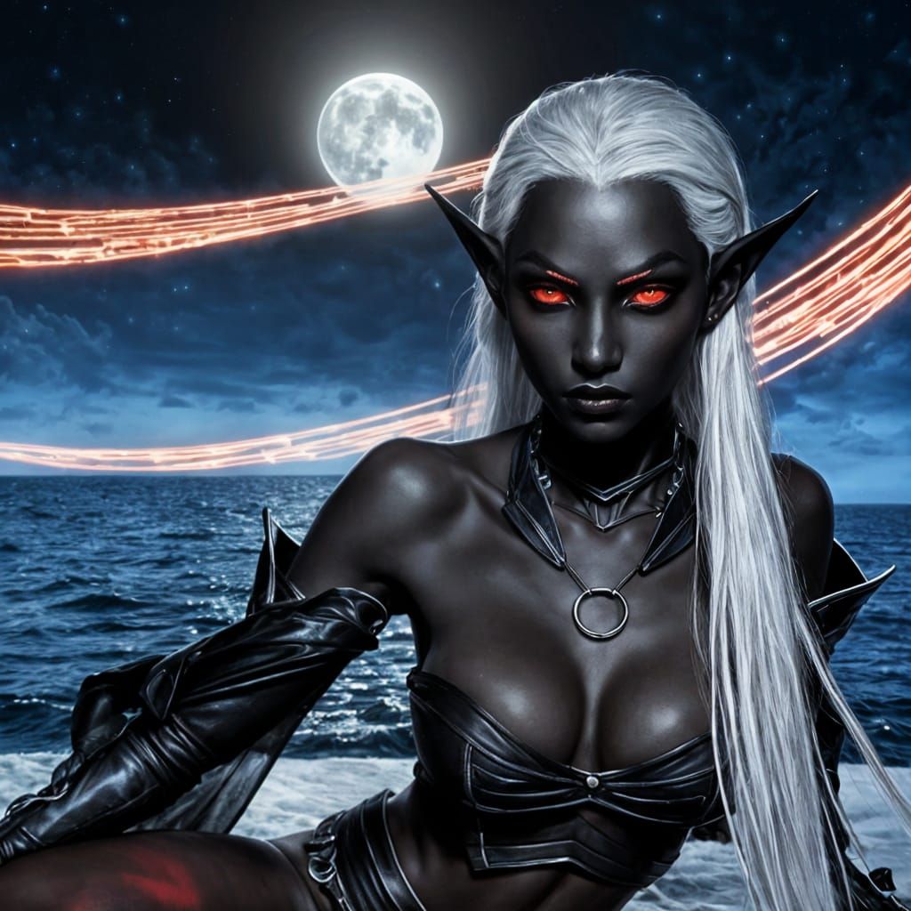 Beautiful Drow Woman - Dark Elf Goddess Under the Full Moon