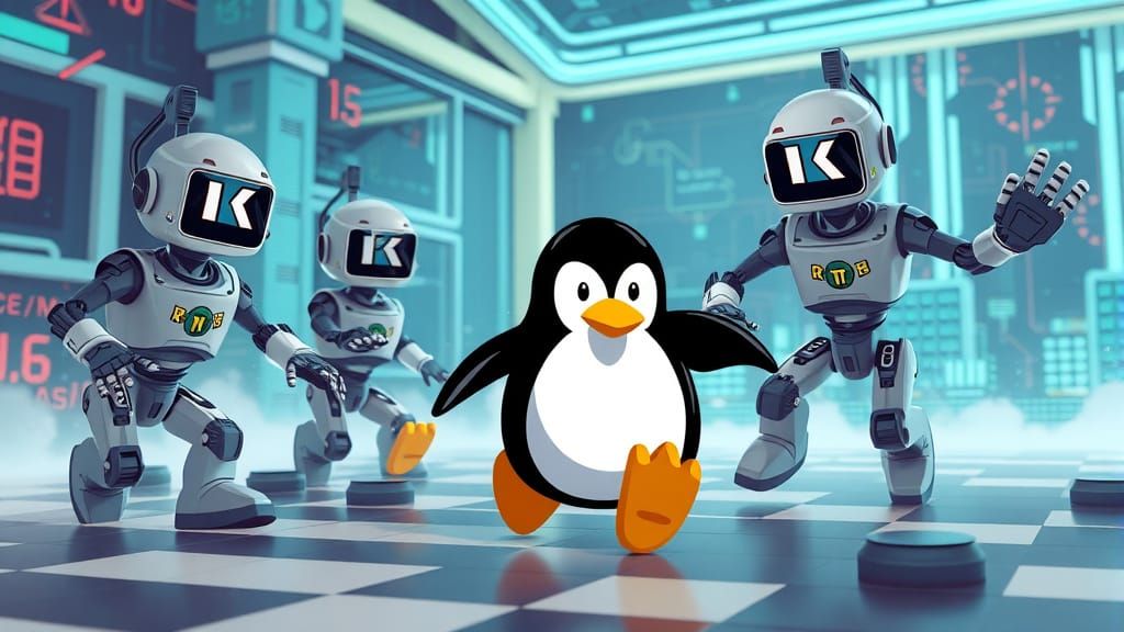 Cyberpunk Robots Chase Tux the Penguin in Futurist... - AI Art