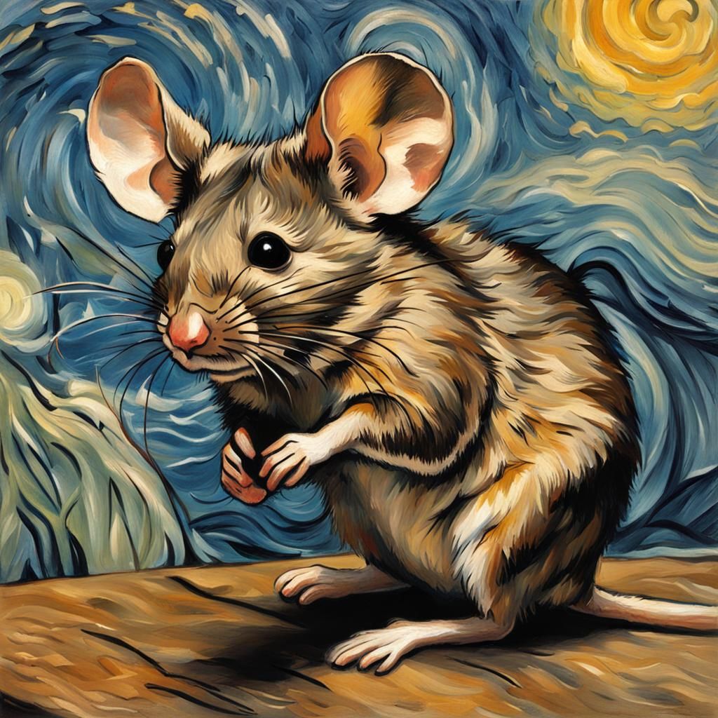 Mouse in van gogh style. Mouse’s left ear has a bandage on - AI ...