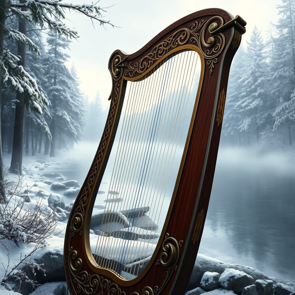 Hyperrealistic Ancient Irish Harp in Winter Wilder... - AI Art