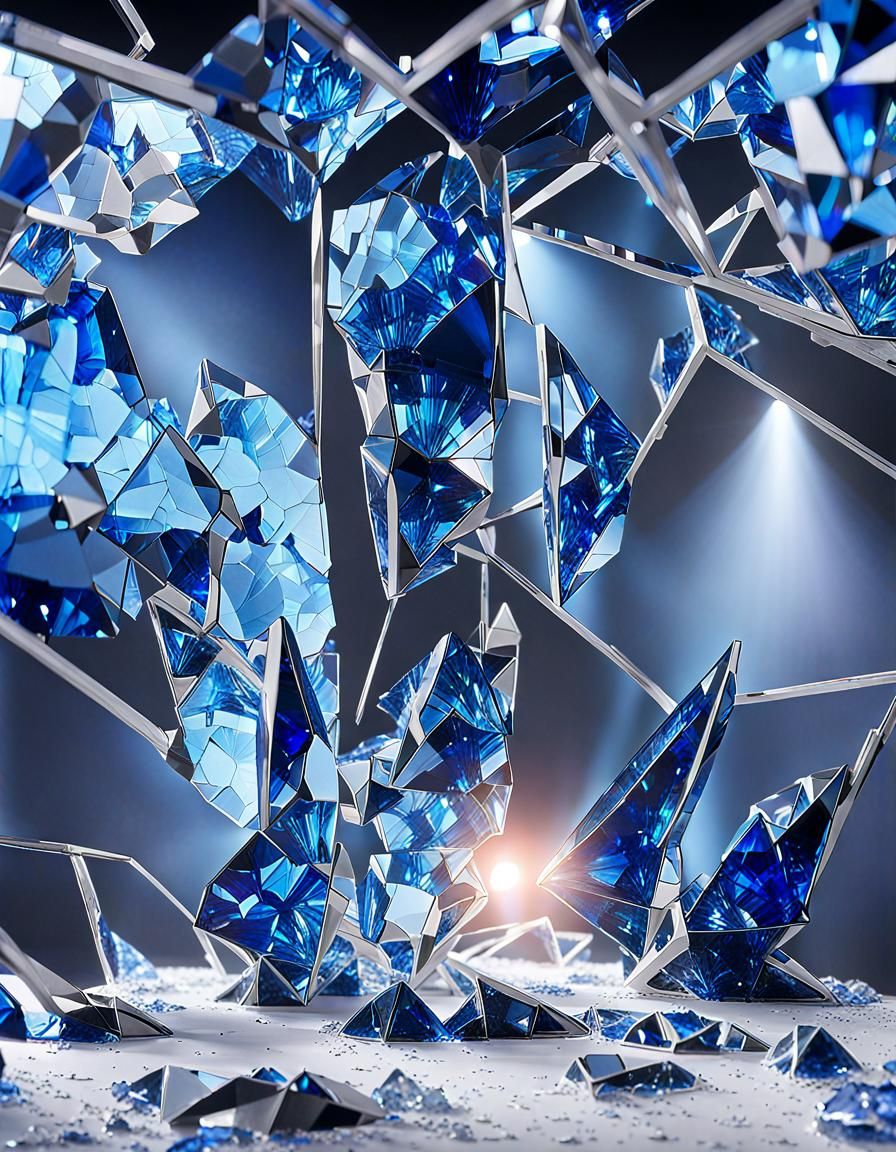 Shattered reality, each piece displays a cosmic blue crystal growth ...