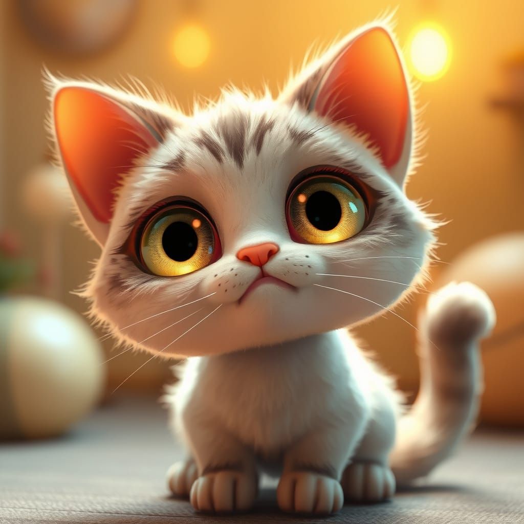 A 3D cartoon cat - Whimsical Cartoon Cat with Shimmering Eye...