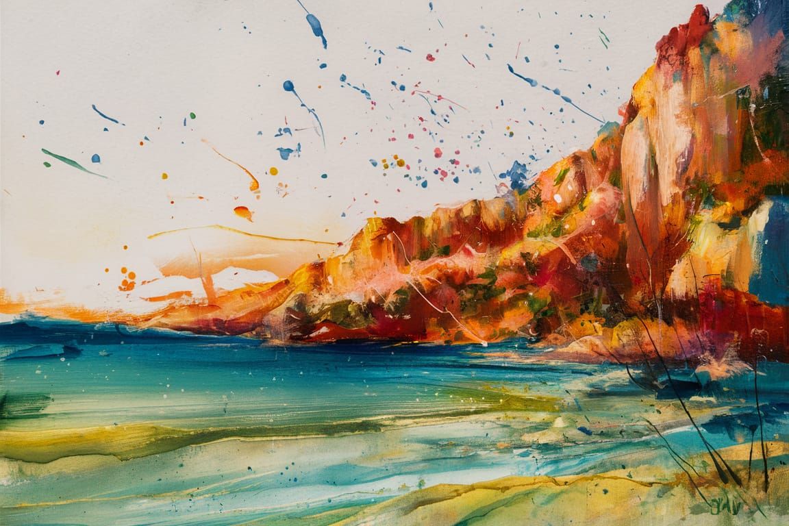 Landscape - Vibrant Sunset Landscape in Intaglio Style