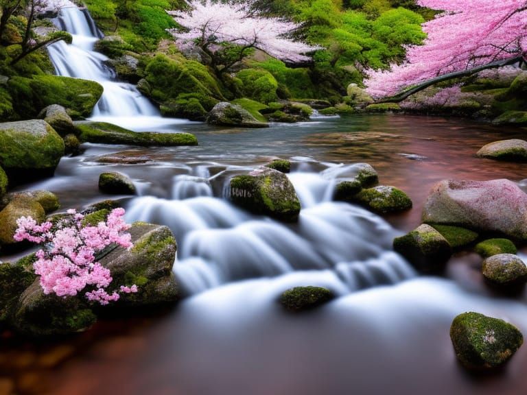 sakura waterfalls - AI Generated Artwork - NightCafe Creator