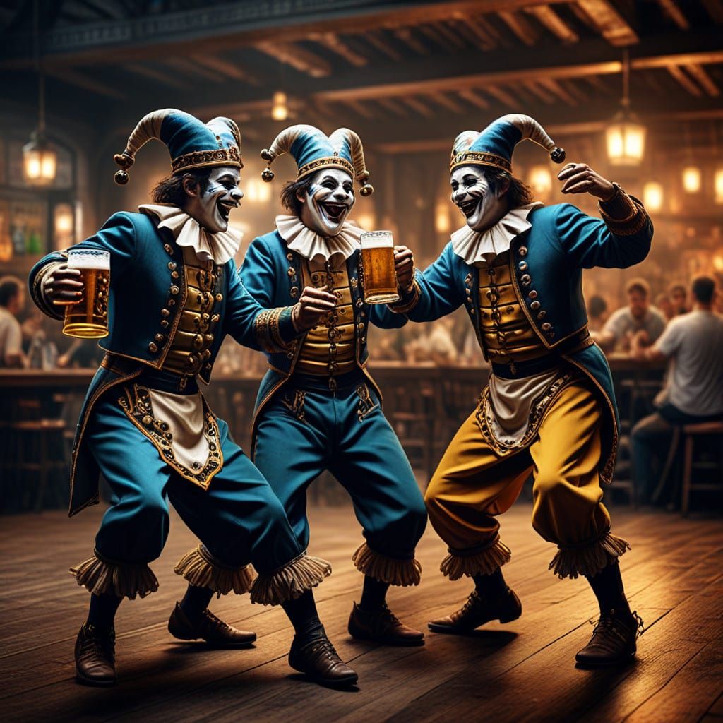 Jesters with beer dancing - Jesters in a Hyperrealistic Beer...