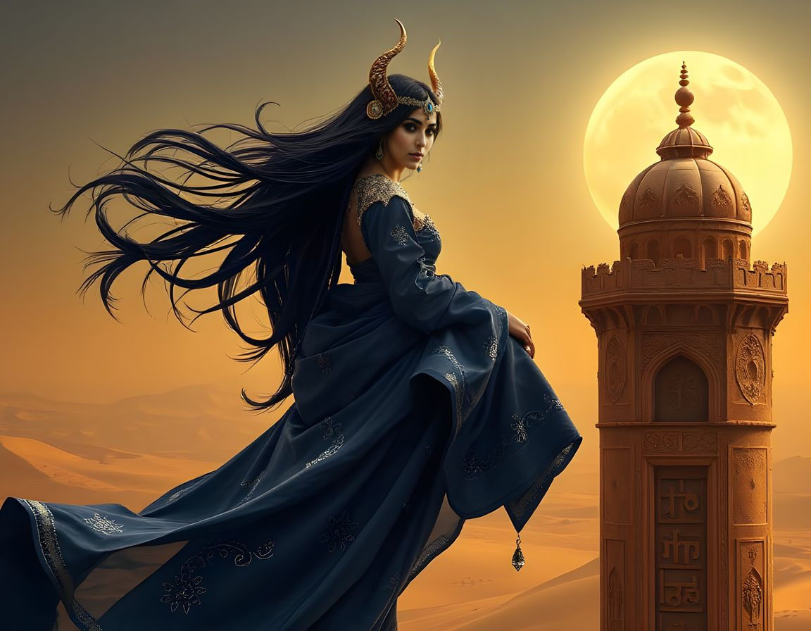 Jinn - Ethereal Jinn Goddess in Moonlit Desert Landscape